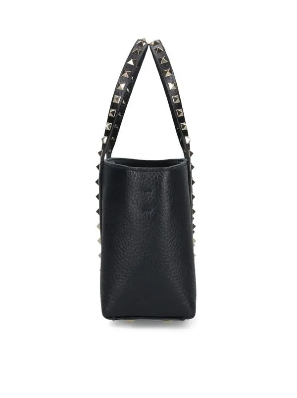 Valentino Garavani Rockstud Mini Tote In Hammered Leather - Black