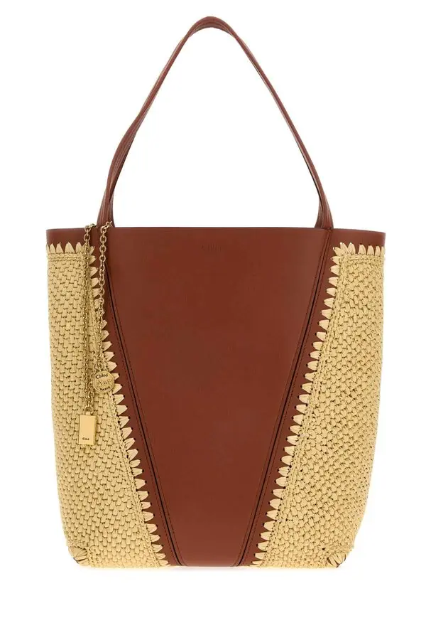 Chloé Two-tone Raffia And Leather Spin Shopping Bag