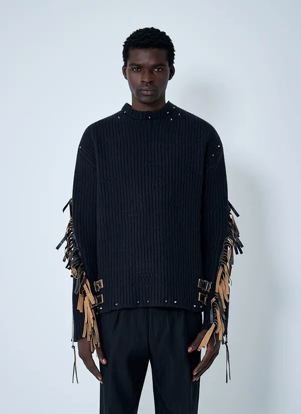 Prada Leather Embellished Wool Sweater - Black