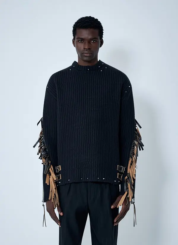 Prada Leather Embellished Wool Sweater - Black