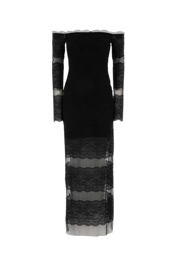 Blumarine Lace And Mesh Long Dress - Black