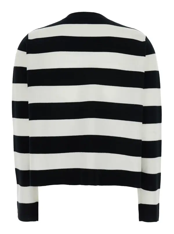 Max Mara Viterbo' Black And White Crewneck Sweater With Embroidery On The Front And All-over Striped Motif In Wool - Multicolor