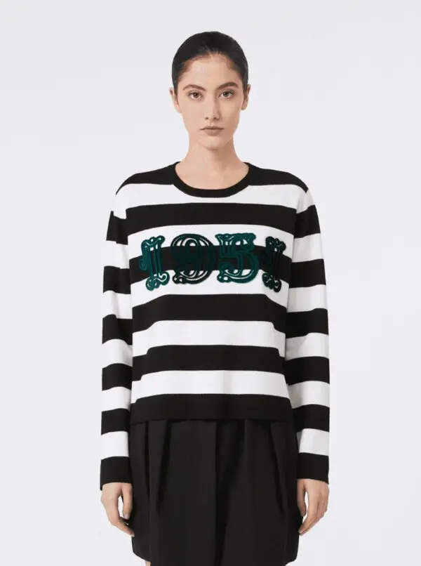 Max Mara Viterbo' Black And White Crewneck Sweater With Embroidery On The Front And All-over Striped Motif In Wool - Multicolor