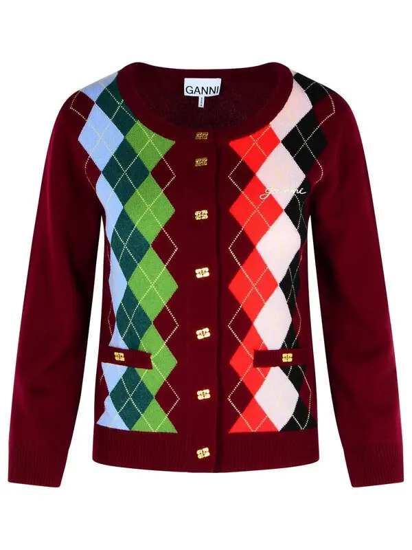 GANNI Burgundy Merino Wool Blend Check Cardigan - Multicolor