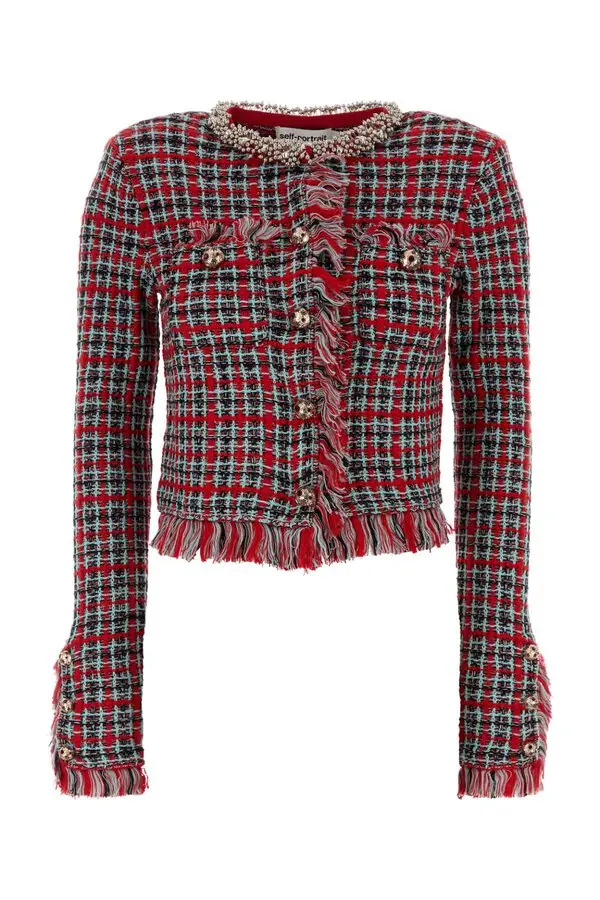 SELF-PORTRAIT Red Check Frayed Knit Jacket
