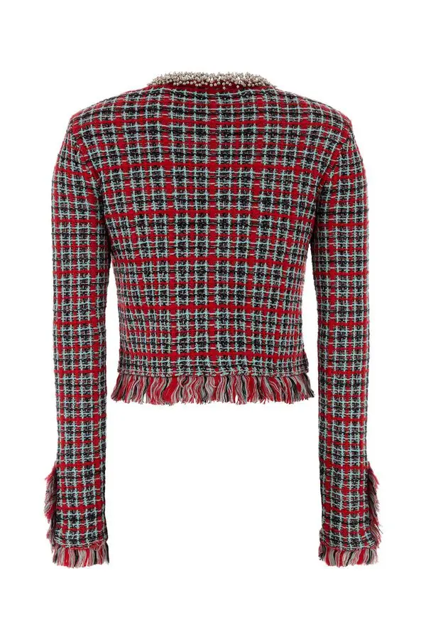 SELF-PORTRAIT Red Check Frayed Knit Jacket