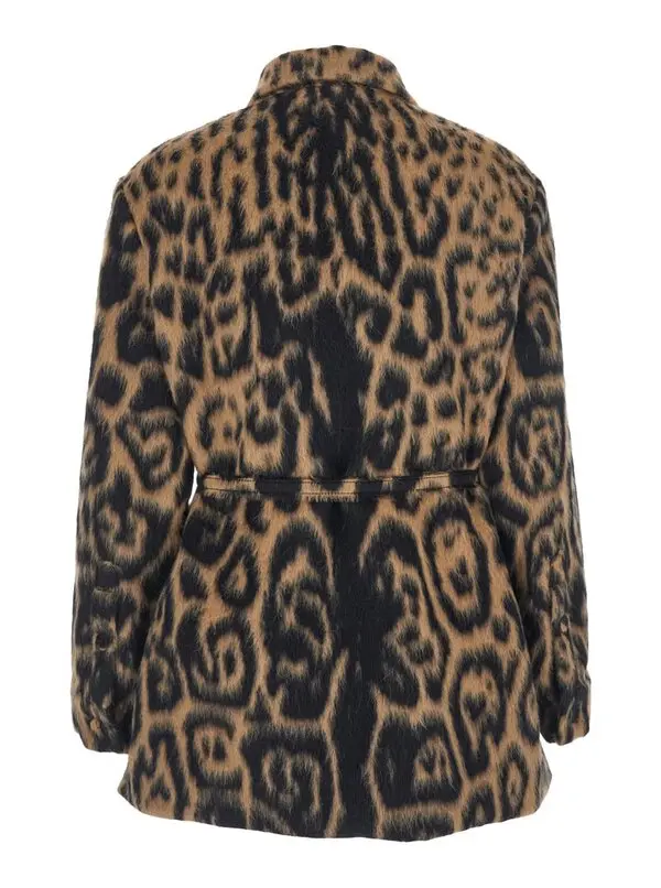 Fendi Leopard Motif Wool Blend Coat With Ff Buckled Belt - Multicolor