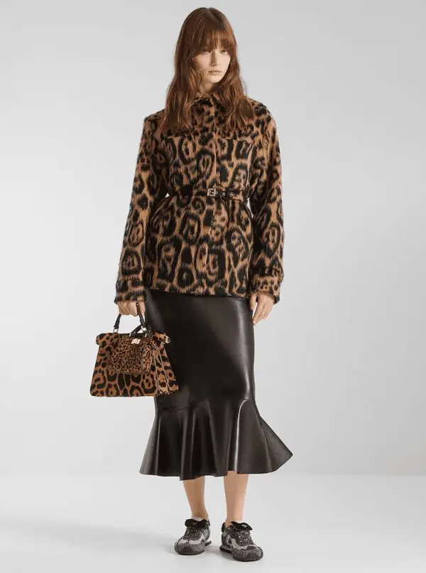Fendi Leopard Motif Wool Blend Coat With Ff Buckled Belt - Multicolor