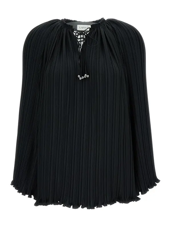 LANVIN Long Sleeve Pleated Blouse Open Neck - Multicolor