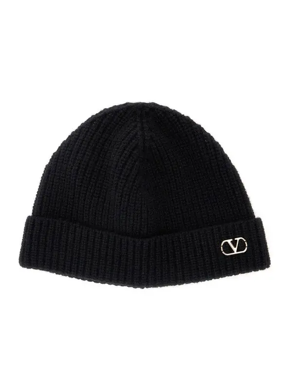 Valentino Garavani Black Knit Beanie With Vlogo On The Front In Cashmere - Multicolor