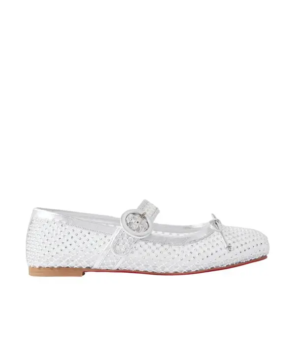 CHRISTIAN LOUBOUTIN Mamastrapitina Crystal-embellished Leather-trimmed Mesh Ballet Flats - White