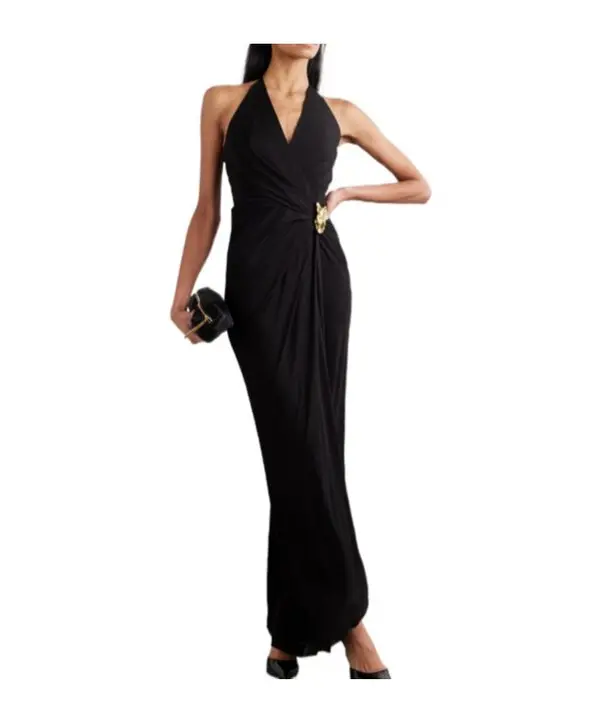 Rebecca Vallance Draped Embellished Jersey Halterneck Maxi Dress