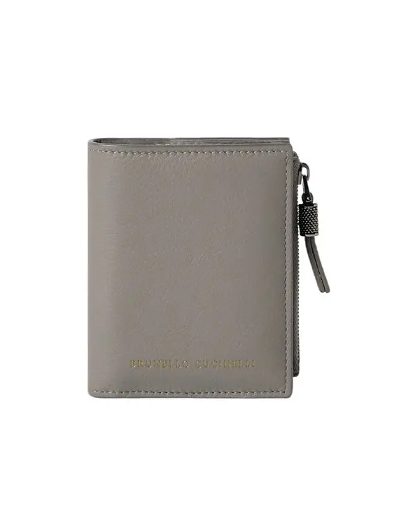 Brunello Cucinelli Grained Calfskin Compact Wallet With Shiny Zipper Pull - Stone Gray