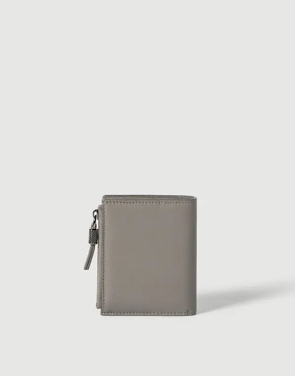 Brunello Cucinelli Grained Calfskin Compact Wallet With Shiny Zipper Pull