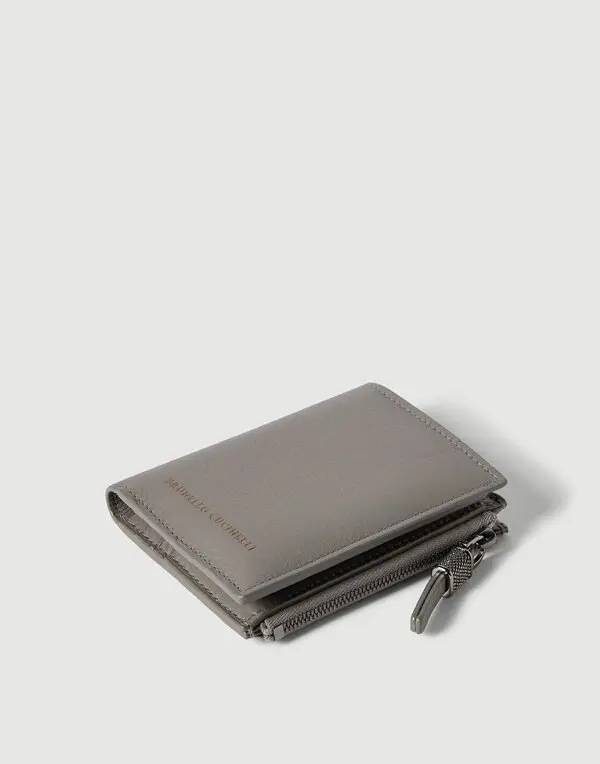 Brunello Cucinelli Grained Calfskin Compact Wallet With Shiny Zipper Pull