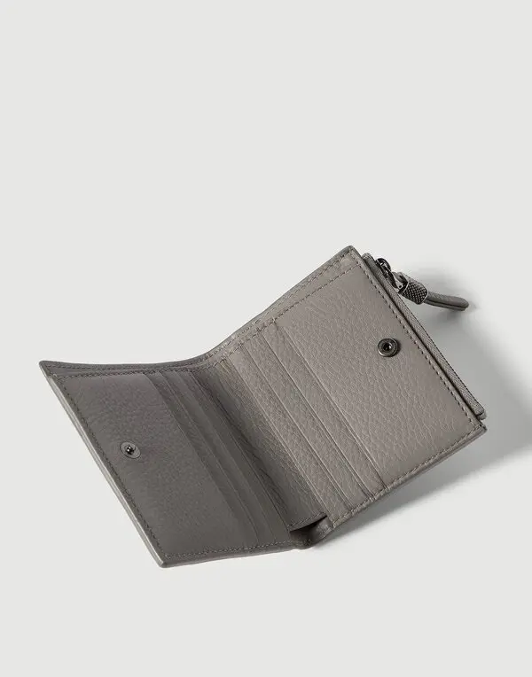 Brunello Cucinelli Grained Calfskin Compact Wallet With Shiny Zipper Pull