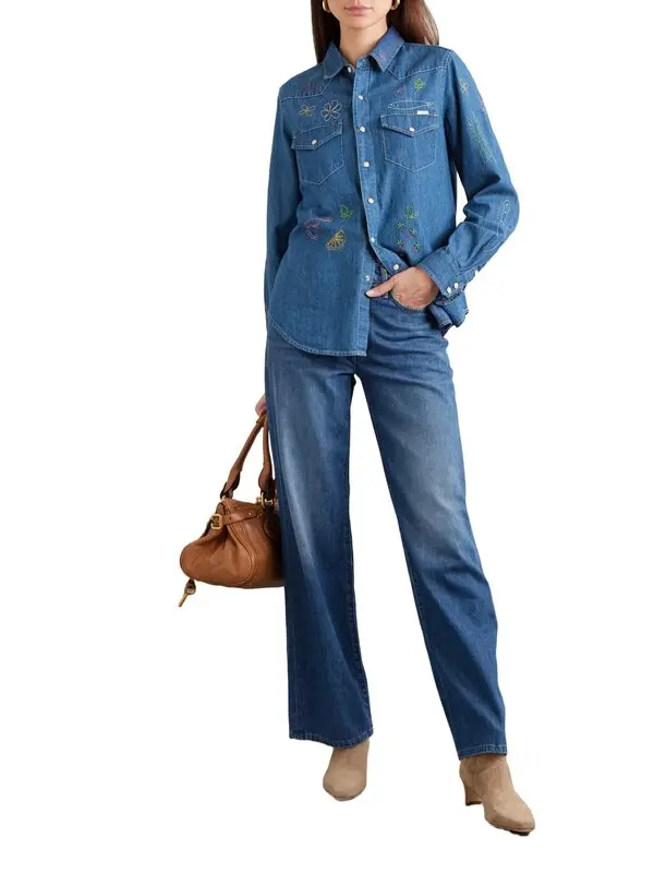 MOTHER Embroidered Western Denim Shirt