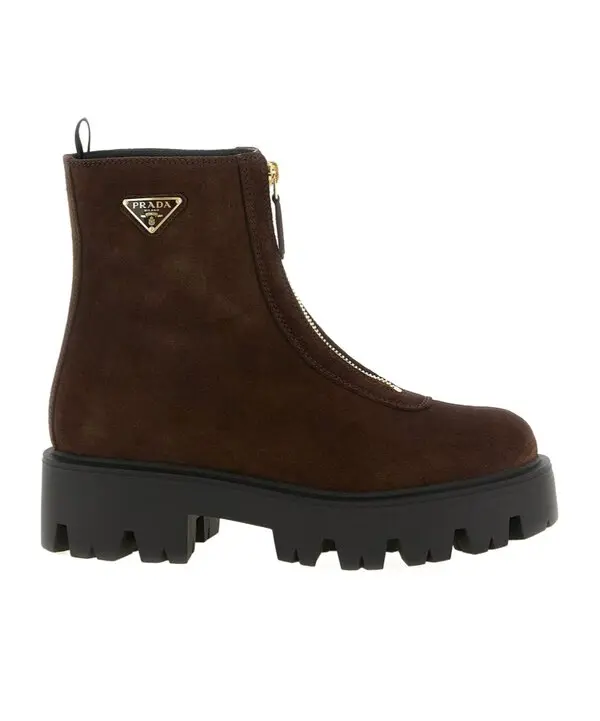 Prada Triangle-logo Zipped Boots - Brown
