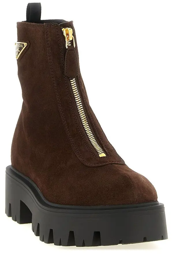 Prada Triangle-logo Zipped Boots - Brown