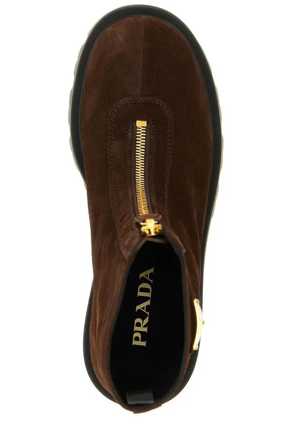 Prada Triangle-logo Zipped Boots - Brown