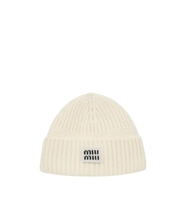 Miu Miu Letter-pattern Knit Hat - White
