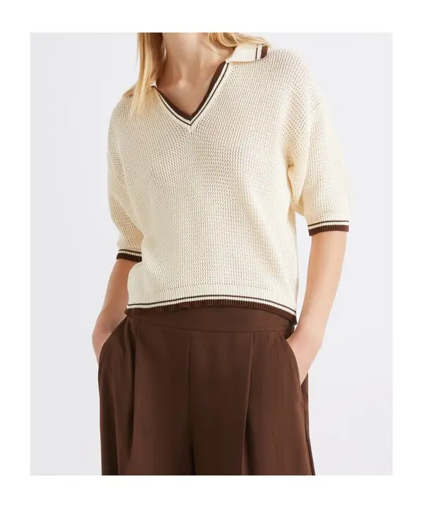 Marella Striped V-neck Knit Top - White