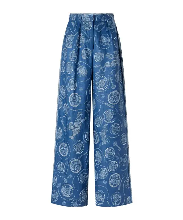 ALEMAIS Lucky Pleated Printed Linen Wide-leg Pants