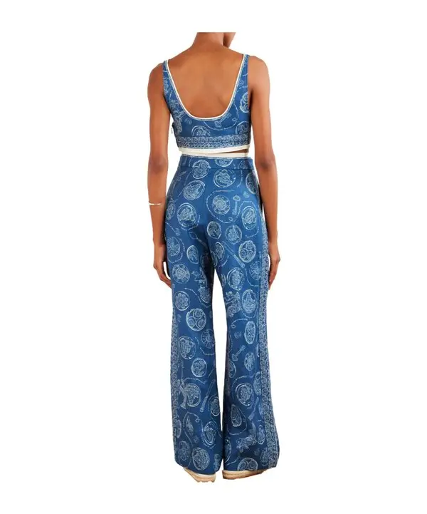 ALEMAIS Lucky Pleated Printed Linen Wide-leg Pants