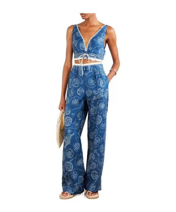 ALEMAIS Lucky Pleated Printed Linen Wide-leg Pants