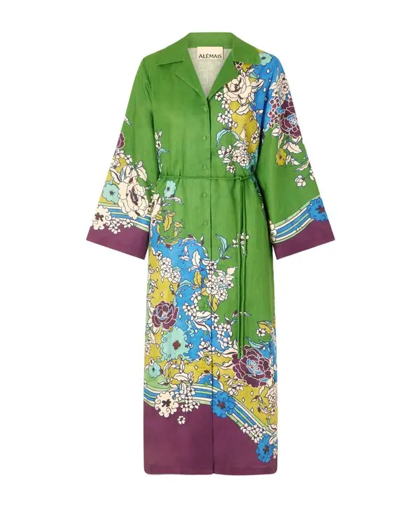ALEMAIS Belted Floral-print Linen Midi Dress - Green