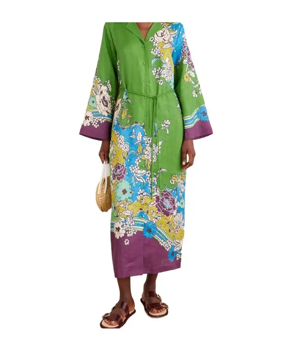 ALEMAIS Belted Floral-print Linen Midi Dress