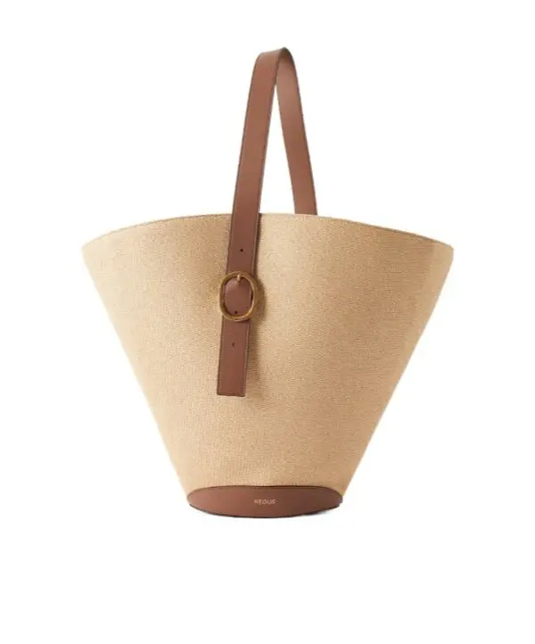 NEOUS Leather-trimmed Raffia Shoulder Bag - Nude