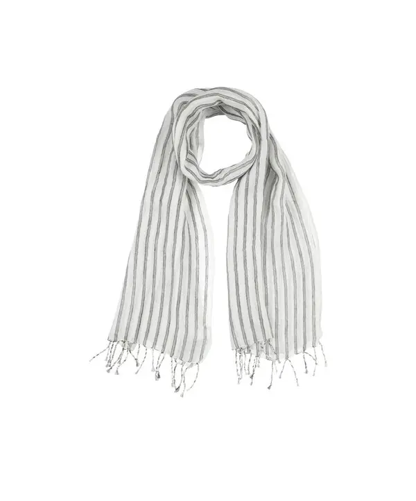 Brunello Cucinelli Striped Shiny Silk Tassel Scarf - White