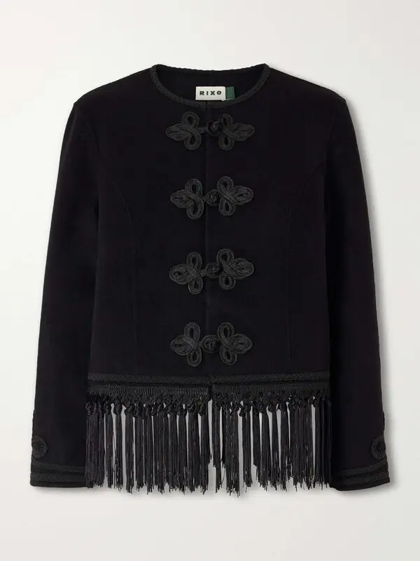 Rixo Inda Fringed Embellished Crepe Jacket - Black