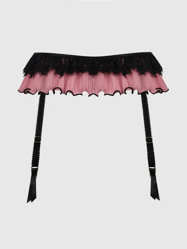 Frederick's Of Hollywood Esme Lace & Pleated Chiffon Garter Belt - Blush Pink/black