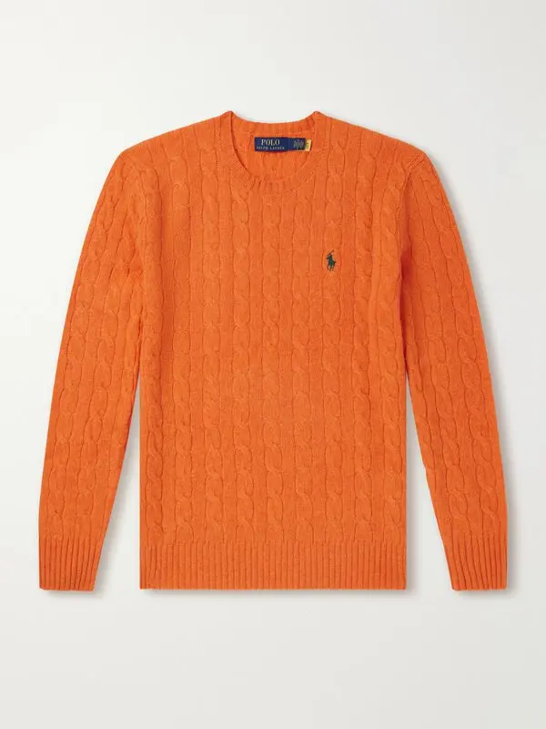 Polo Ralph Lauren Logo-embroidered Cable-knit Wool And Cashmere-blend Sweater - Orange