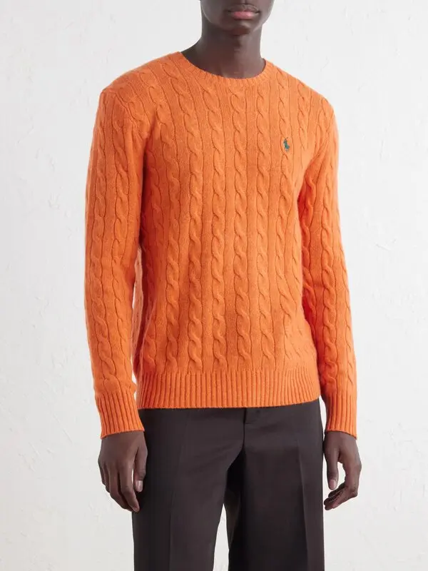 Polo Ralph Lauren Logo-embroidered Cable-knit Wool And Cashmere-blend Sweater - Orange
