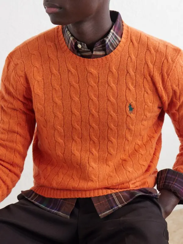 Polo Ralph Lauren Logo-embroidered Cable-knit Wool And Cashmere-blend Sweater - Orange