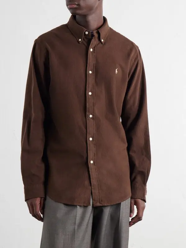 Polo Ralph Lauren Button-down Collar Logo-embroidered Cotton-flannel Shirt - Brown