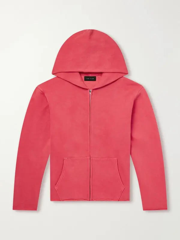 LES TIEN Garment-dyed Distressed Cotton-jersey Zip-up Hoodie - Red