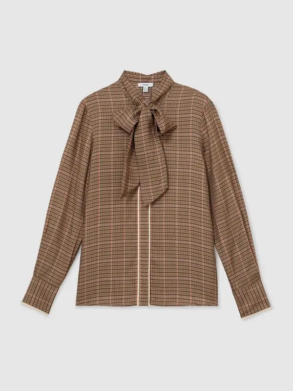 REISS Minnie Check Tie-neck Blouse