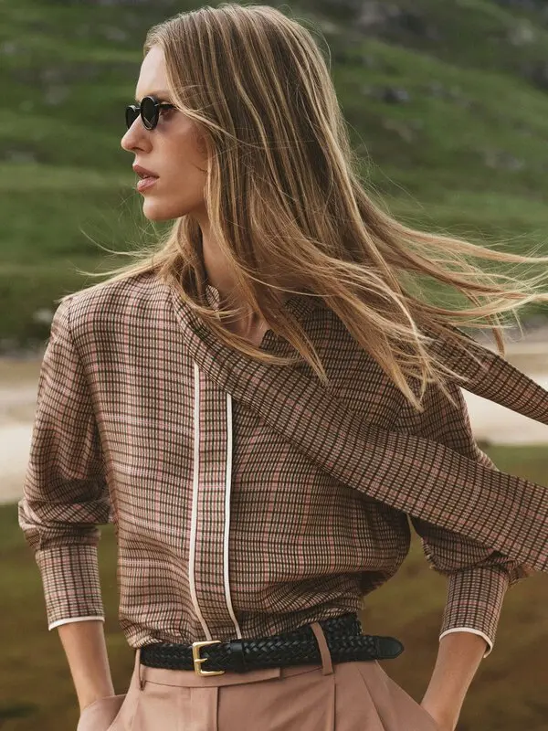 REISS Minnie Check Tie-neck Blouse - Tan Check