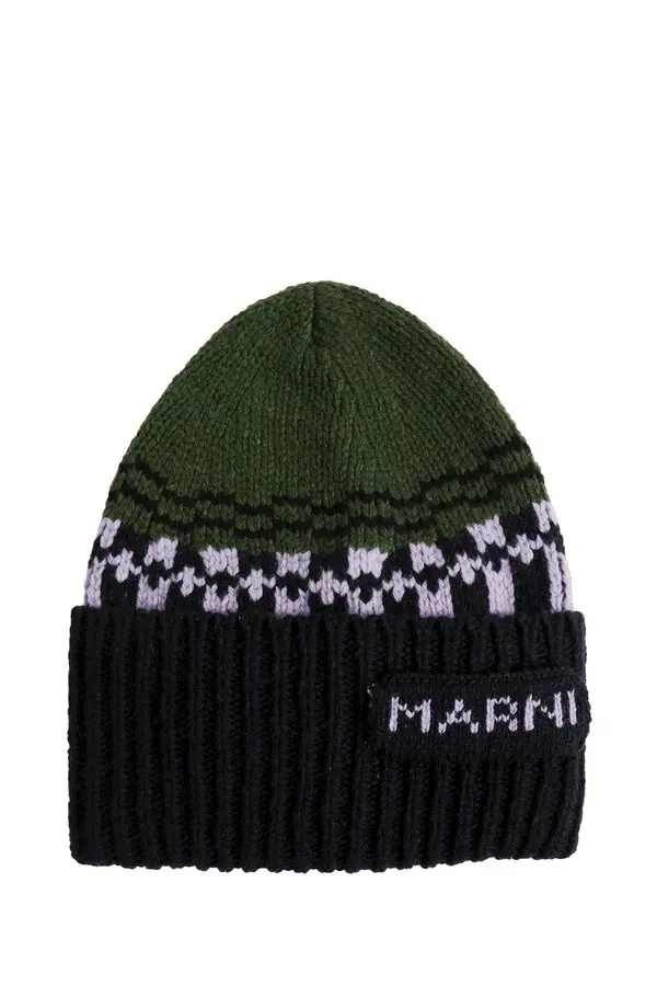 Marni Geometric Motif Wool Beanie - Green