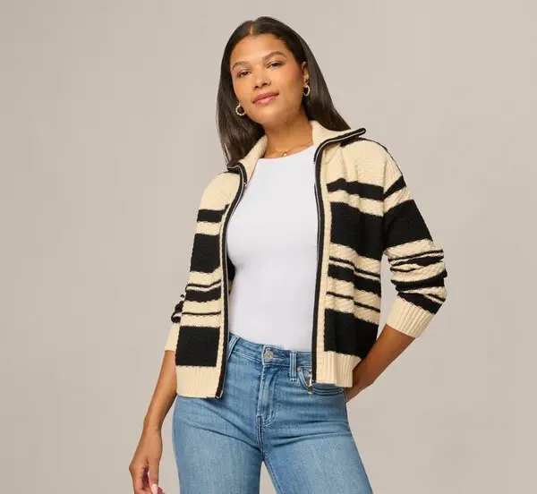 Adrianna Papell Textured Knit Cardigan Sweater - Cream/black