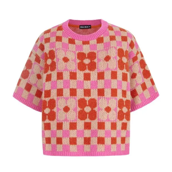 CARA & THE SKY Pink / Orange / Neutrals Lucky Flower Checkerboard Knitted T-shirt Pink - Pink/orange