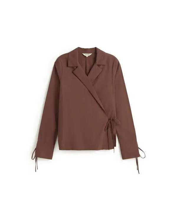 THINKING MU Wrapped Wine Seersucker Lenie Blouse - Red