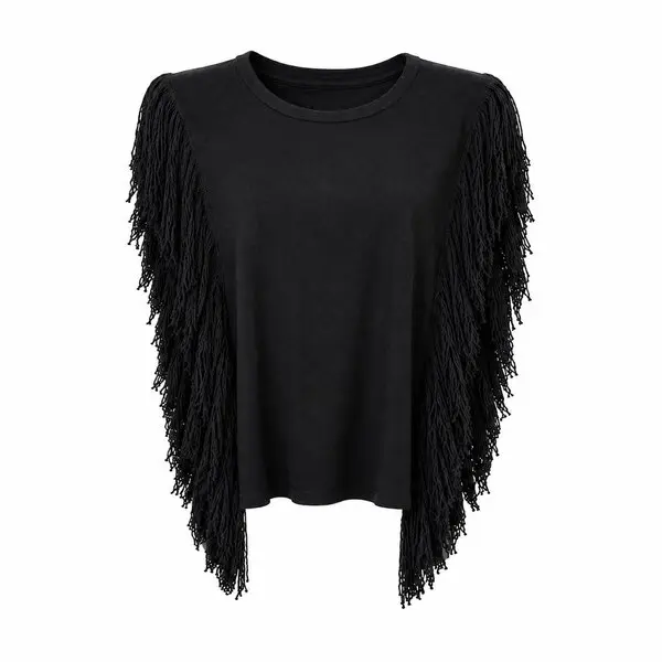 BELLA SOUL Fringe Sleeve Cotton Top - Black