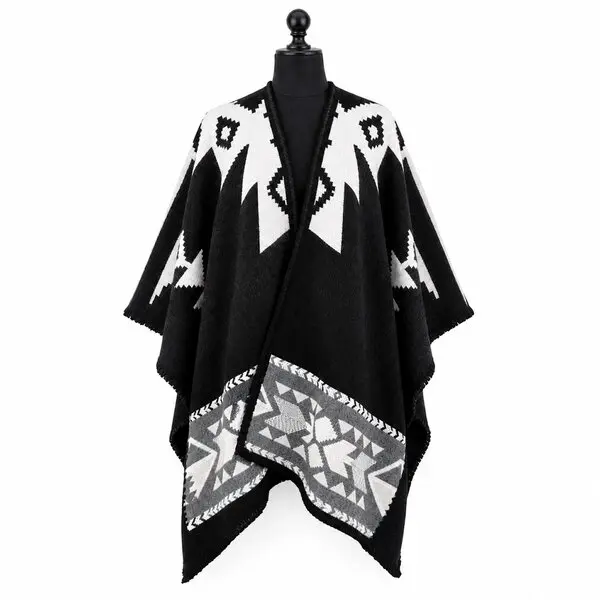BELLA SOUL Navajo Reversible Poncho - Black/white/grey
