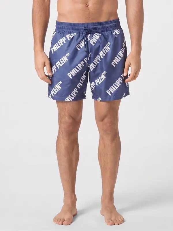 Philipp Plein Nylon Swim Trunks With Contrasting Logo And Drawstring - Blue