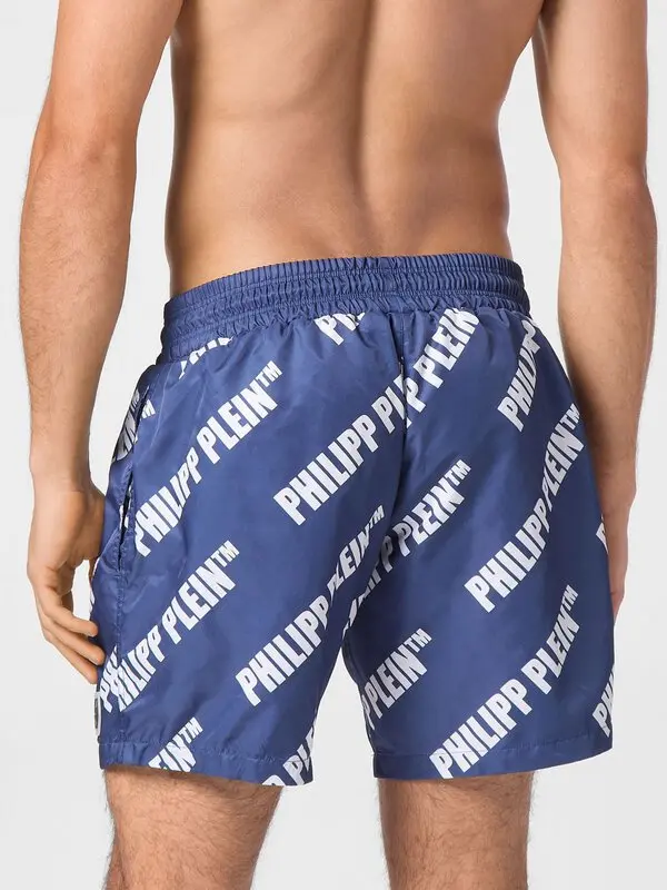 Philipp Plein Nylon Swim Trunks With Contrasting Logo And Drawstring - Blue
